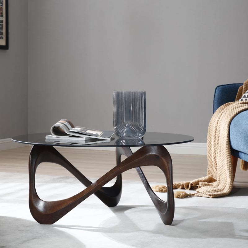 Table basse ONTARIO Verre fumé & piètement en bois courbé contemporain